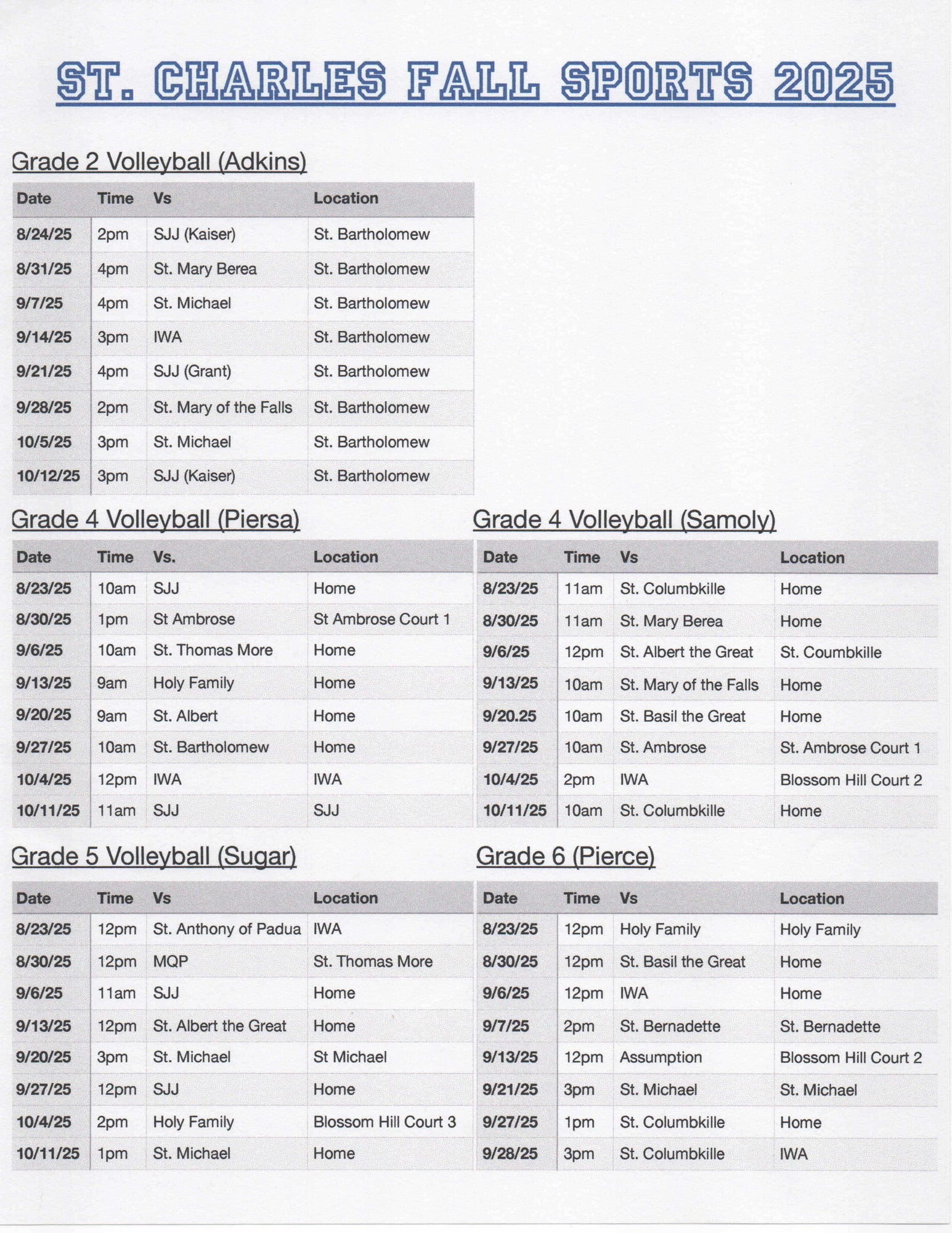 Fall 2025 CYO Sports Schedule | St. Charles Borromeo Church | Parma, OH